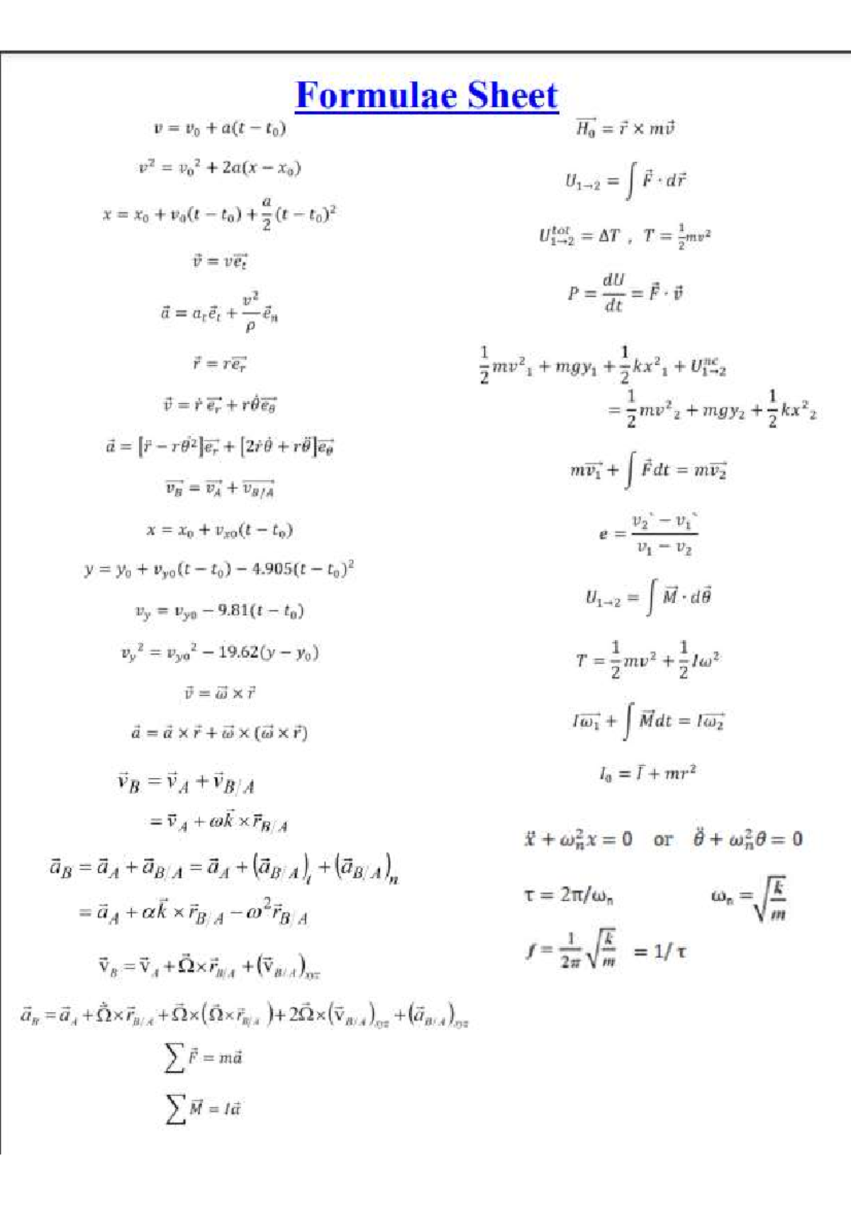 formula sheet 1 - ENGR 243 - Formulae Sheet v=v₀+a(t-t₀) X v² = v₀² ...