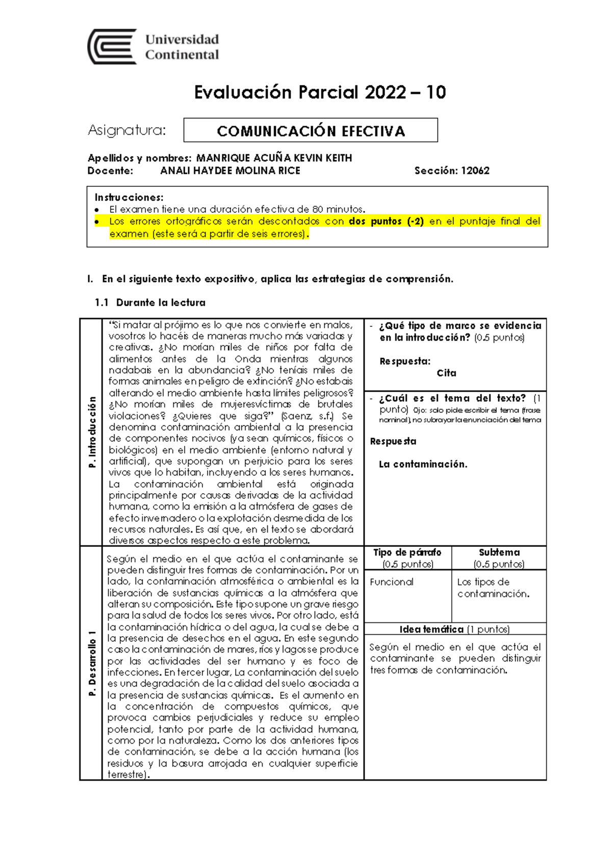 Evaluación Parcial Comunicacion Efectiva - EvaluaciÛn Parcial 2022 – 10 Asignatura: Apellidos y ...