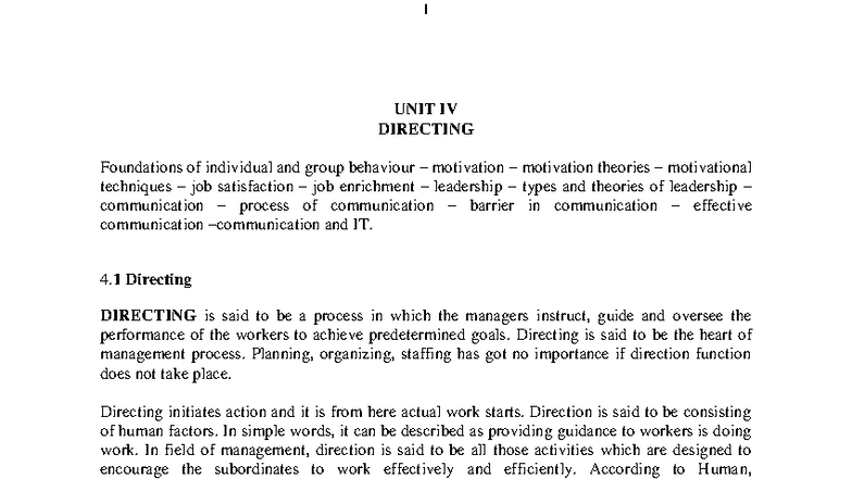 UNIT IV POM Notes: Directing, Motivation, and Group Behavior - Studocu