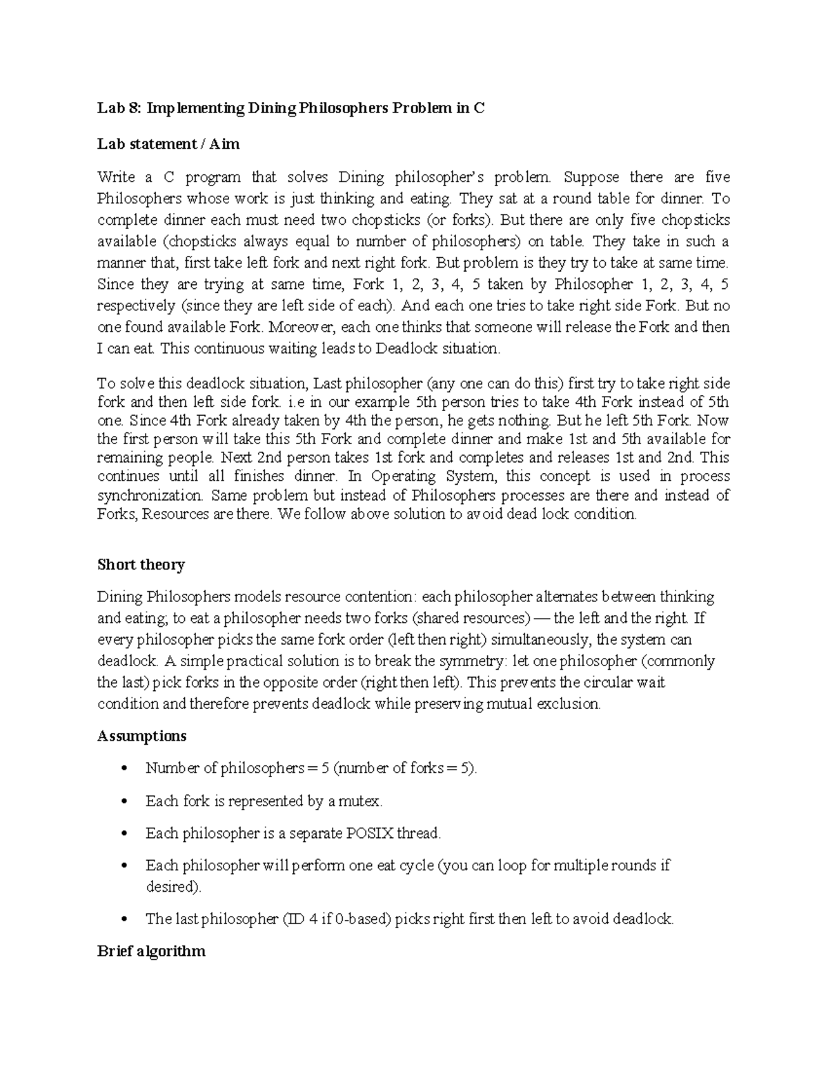 Lab 8: Dining Philosophers Problem in C - CS604 Notes - Studocu