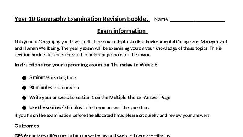 2024 Year 10 Geography Exam Revision: Environmental Change & Wellbeing ...