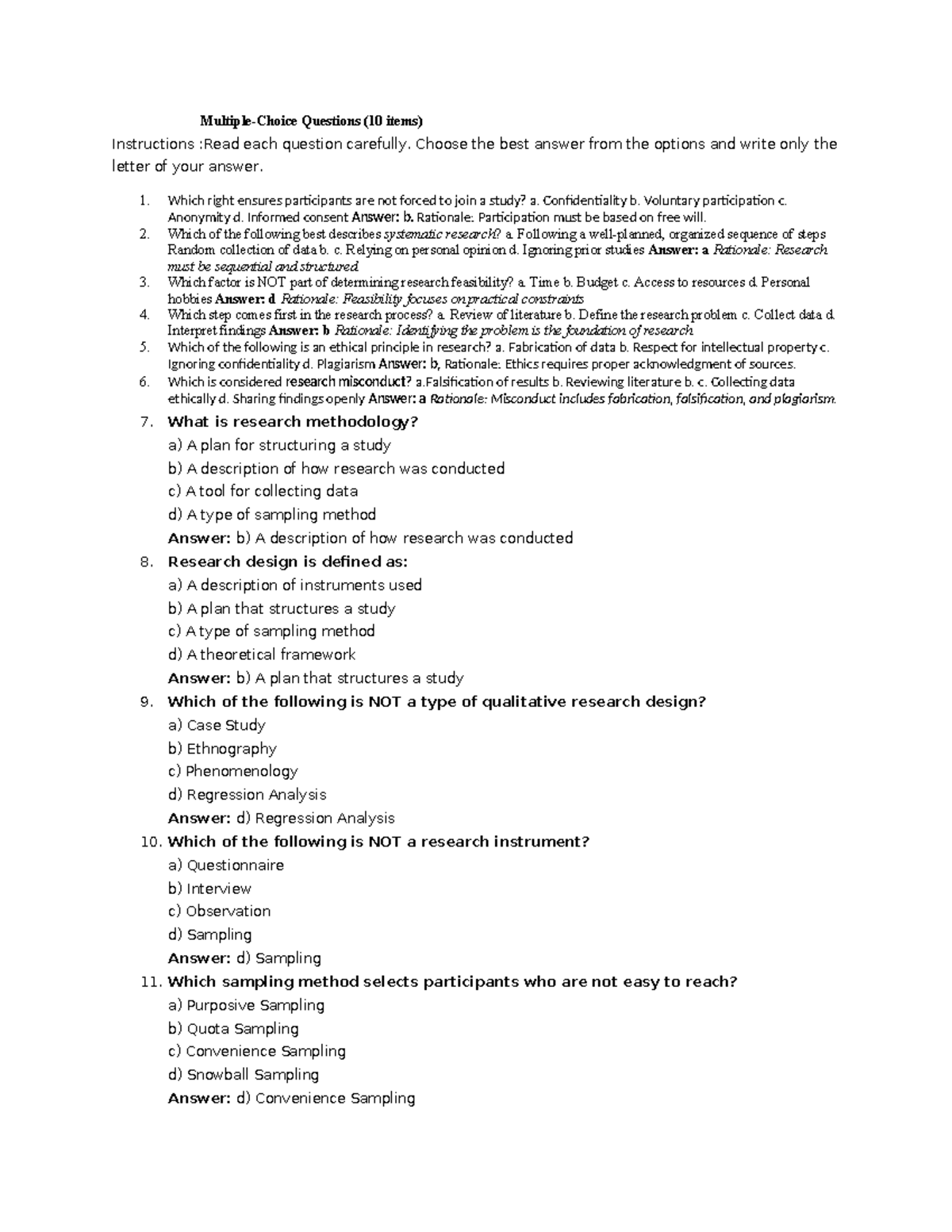 PR1: Quiz 2 on Research Ethics and Methodology - Studocu