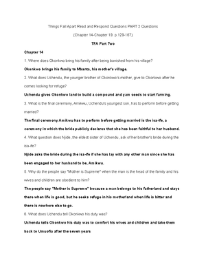 Study Guide: "Things Fall Apart" by Chinua Achebe (Chapters 14-19 ...