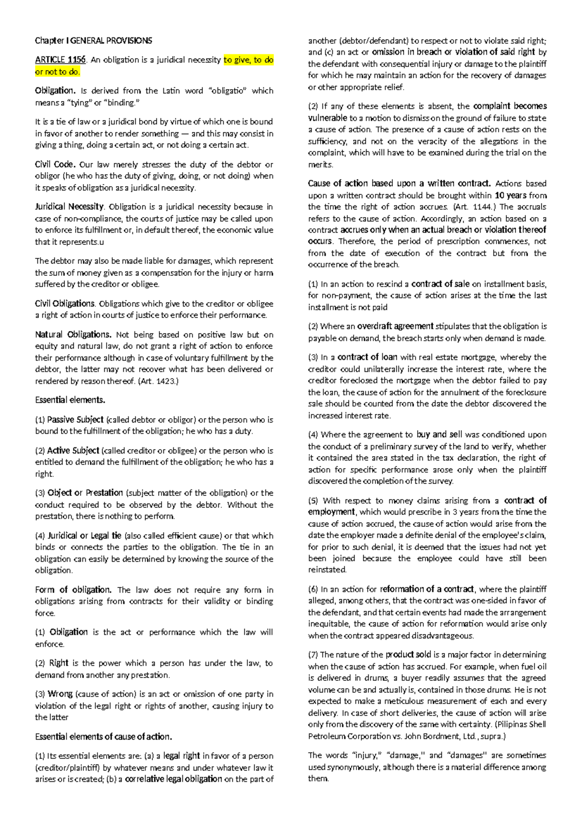 Chapter I: General Provisions on Obligations (Articles 1156-1166) - Studocu