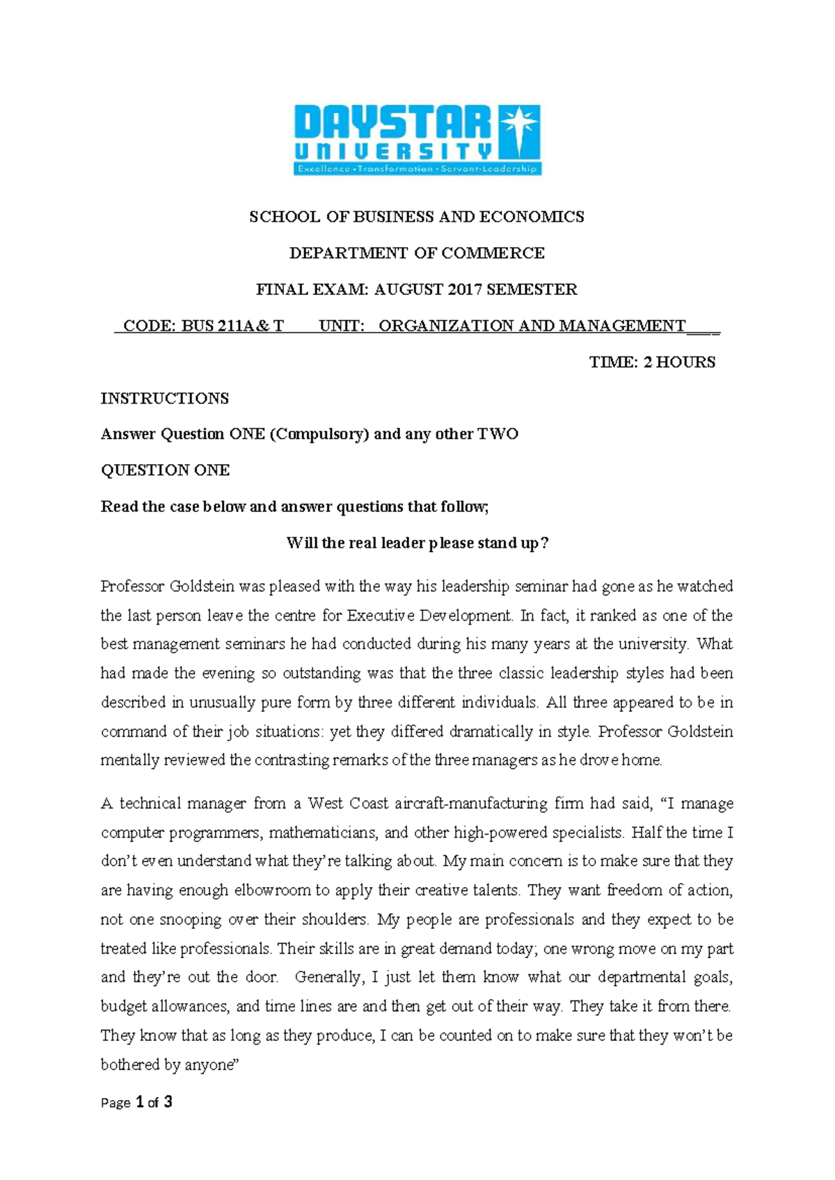 BUS 211 A & T - Final Exam Case Study on Leadership Styles - Studocu