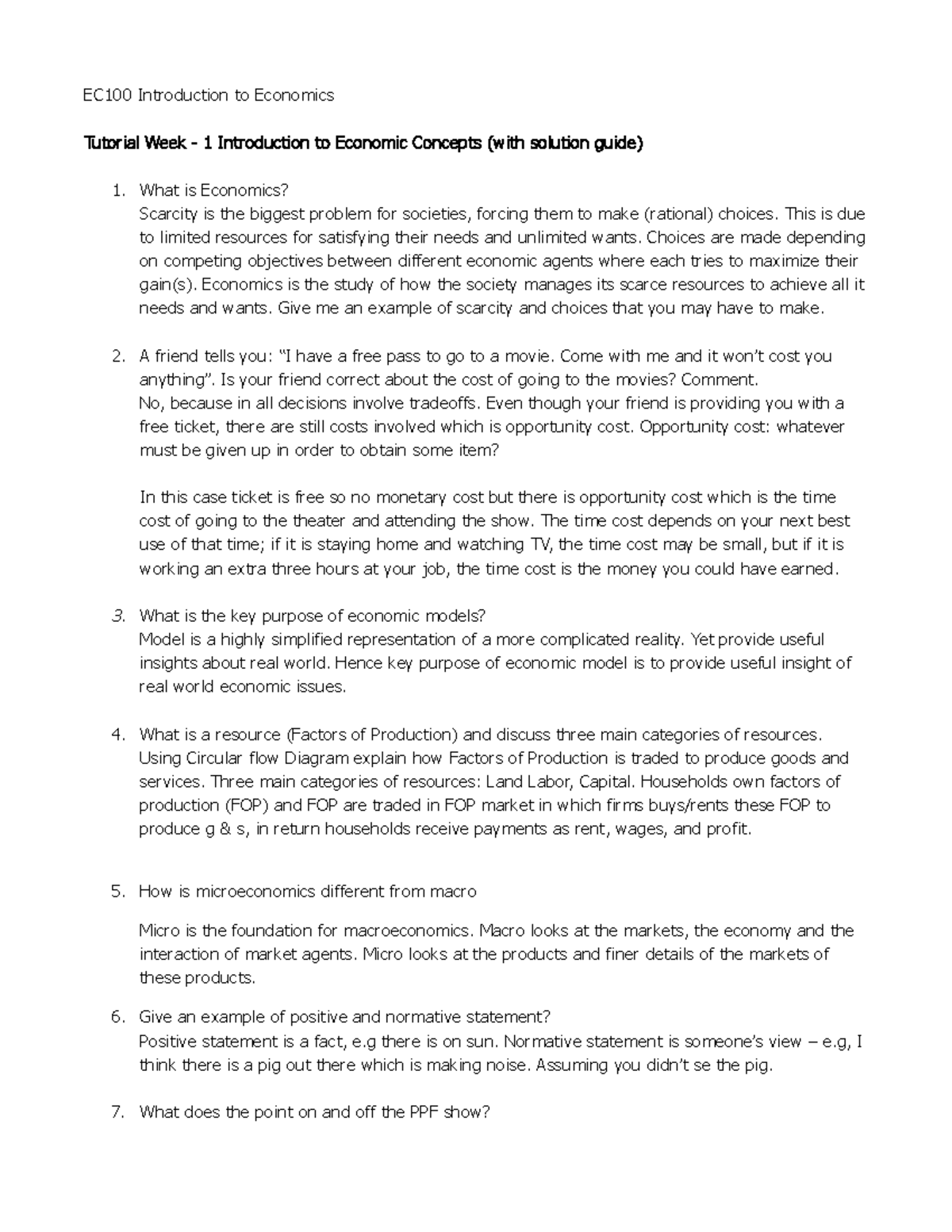 Week 1 Tuts and Sols - EC100 Introduction to Economics Tutorial Week ...