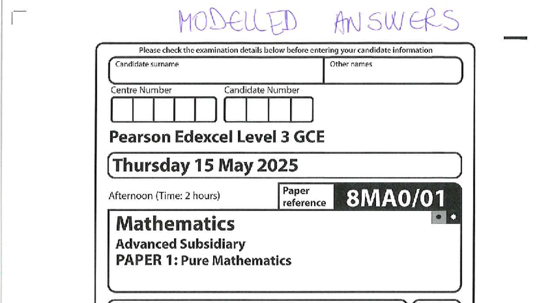 AS Mathematics Paper 1: Modelled Answers for Exam Preparation - Studocu