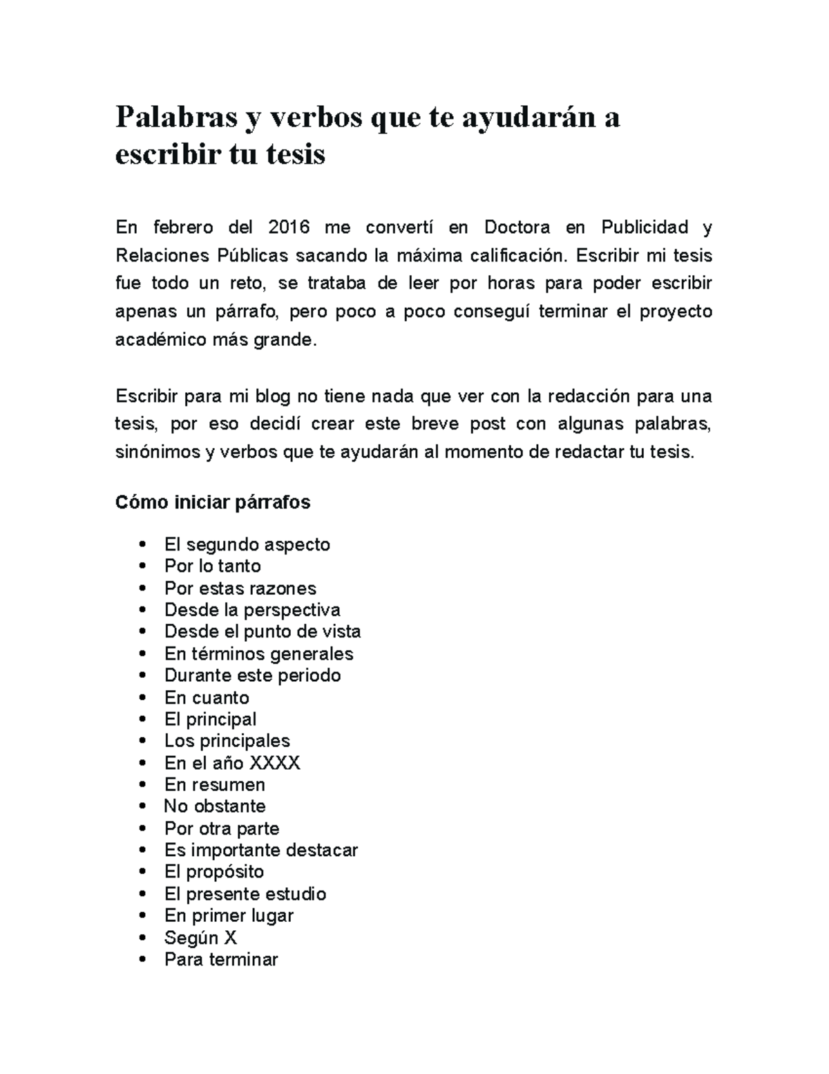 Guía de Palabras y Verbos para Escribir tu Tesis Efectivamente - Studocu