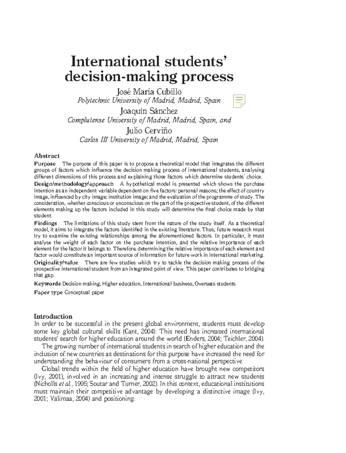 International Decision-Making Model for Overseas Students - IJEM 2006 ...