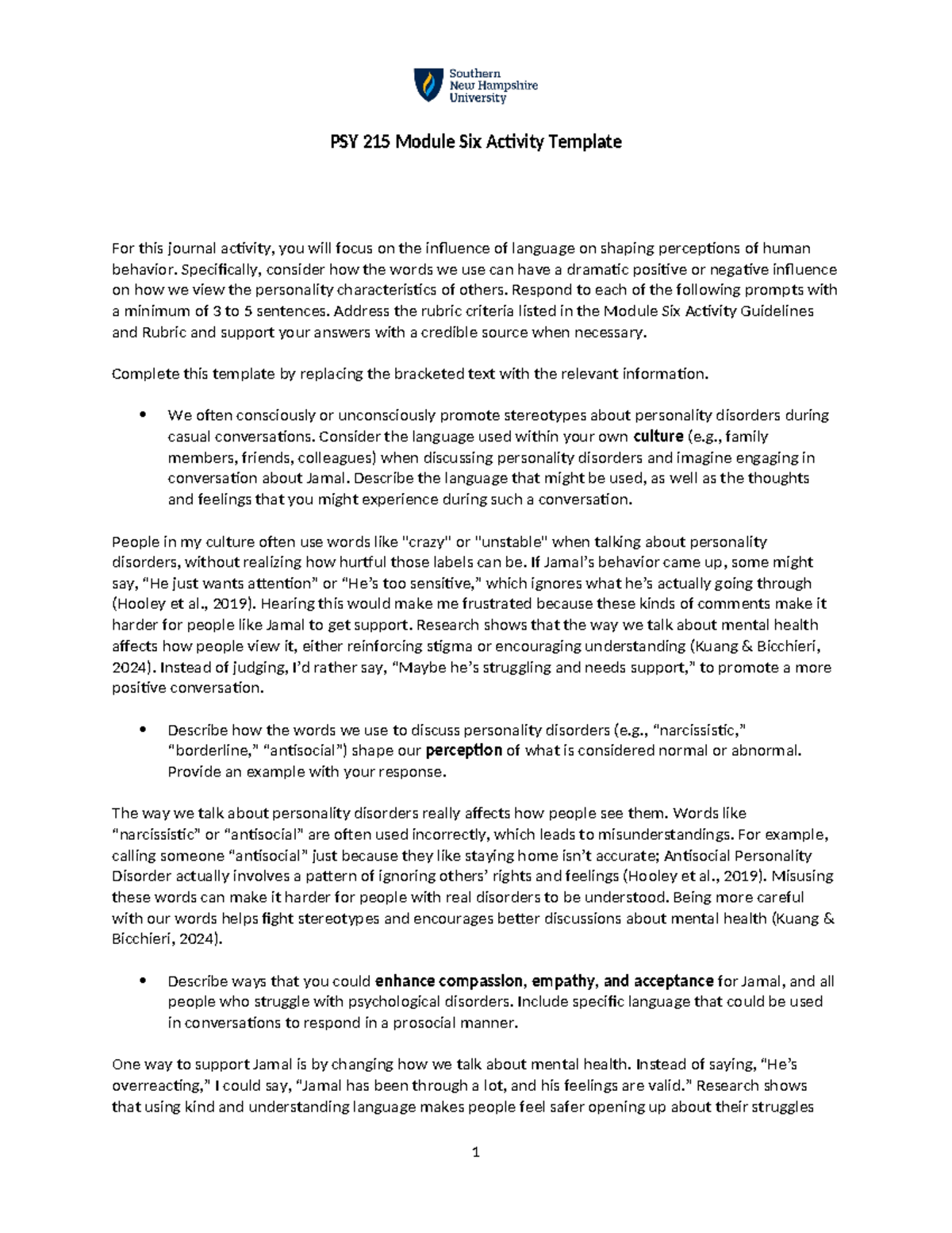 PSY 215 Module Six Activity Template - PSY 215 Module Six Activity ...