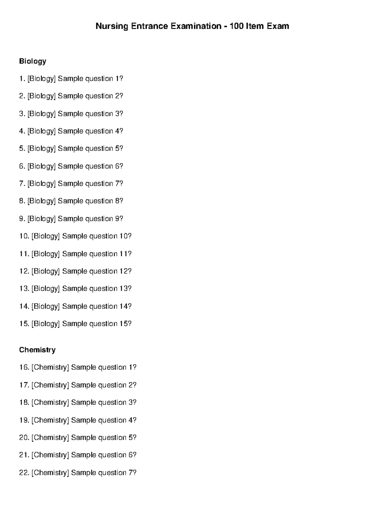 Nursing Entrance Exam 100 Item Sample Questions for Biology & More ...