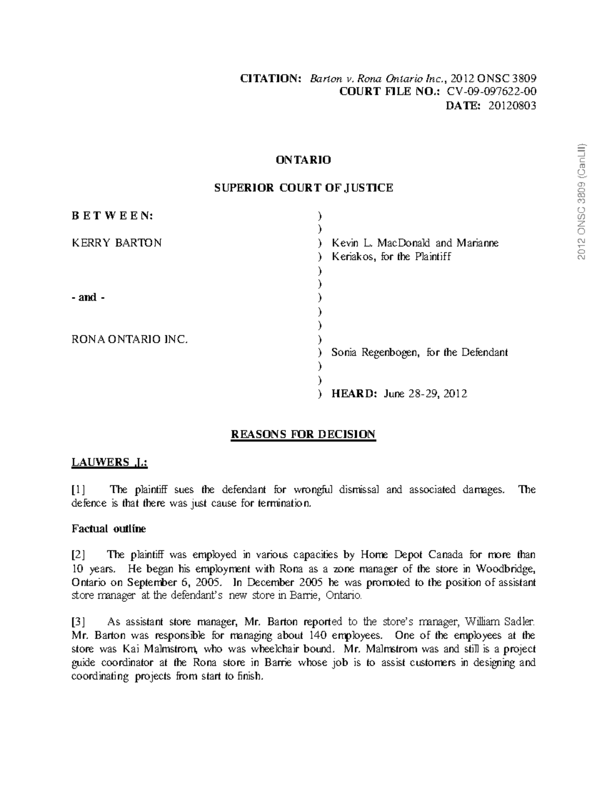 Barton v. Rona Ontario Inc., 2012 ONSC 3809: Wrongful Dismissal Case Analysis - Studocu