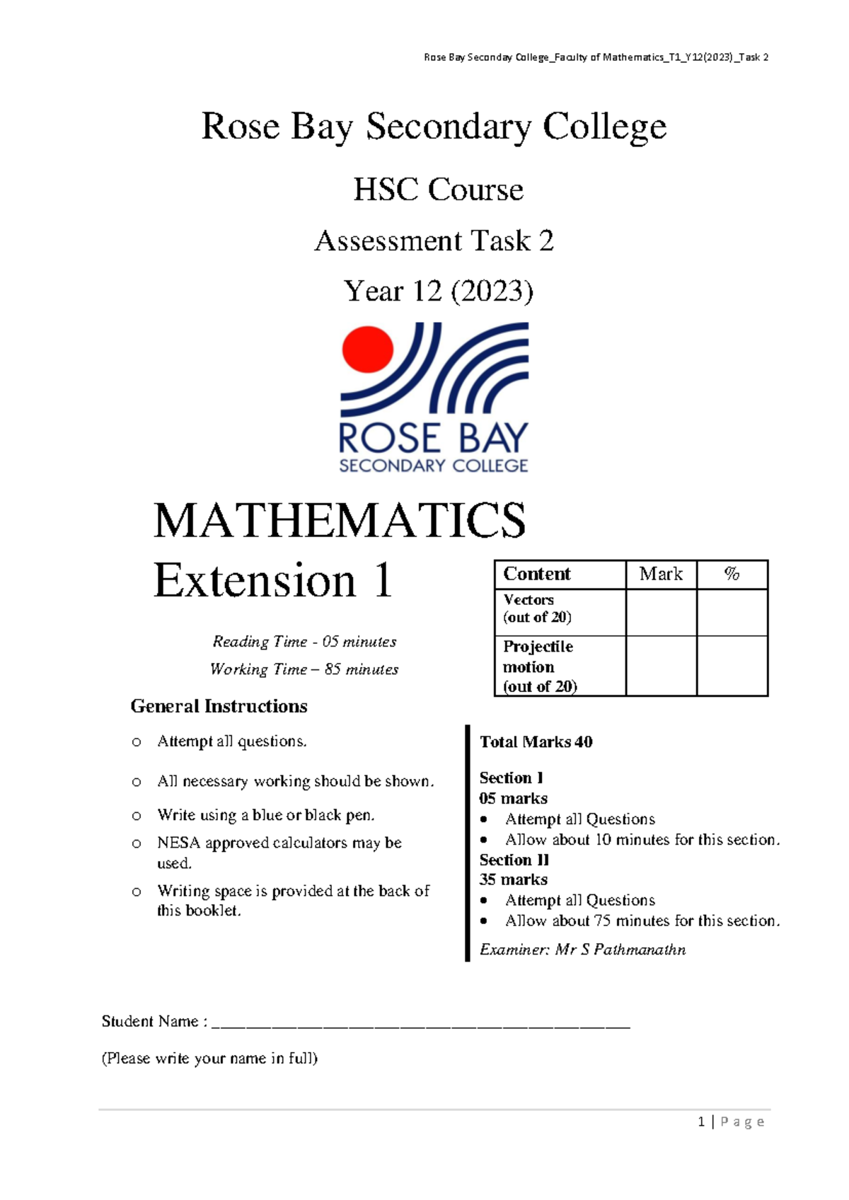 Mathematics Extension 1 Test for Task 2 Year 12 (2023) - Rose Bay ...