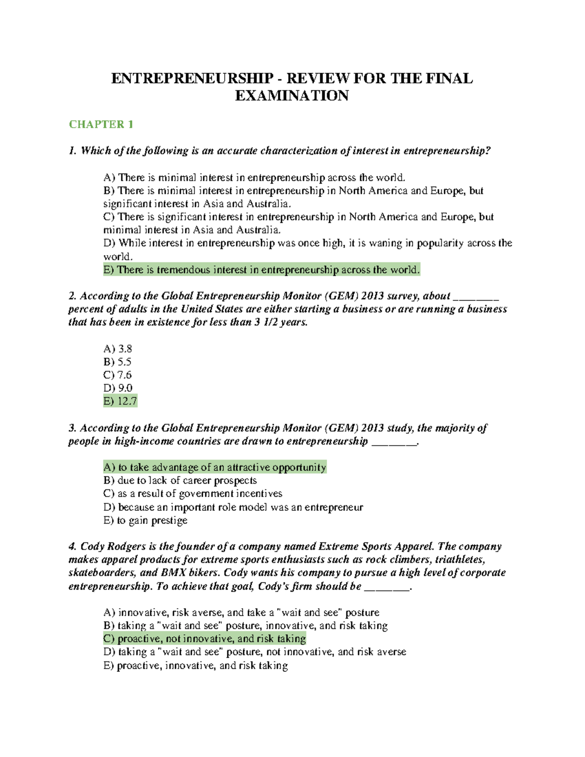 Entrepreneurship- Review for final exam - ENTREPRENEURSHIP - REVIEW FOR ...