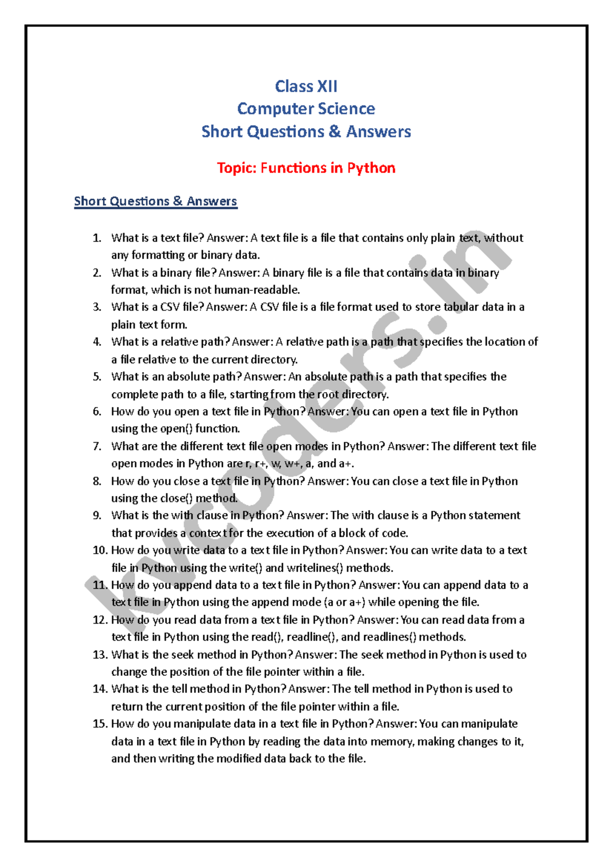 Class XII Computer Science Short Q&A: Functions in Python - Studocu