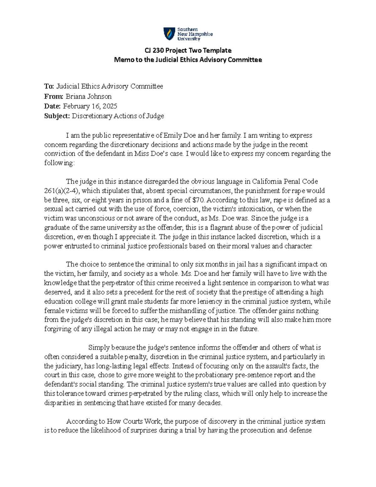 CJ 230 Project Two Memo: Concerns on Judicial Discretion in Rape Case ...