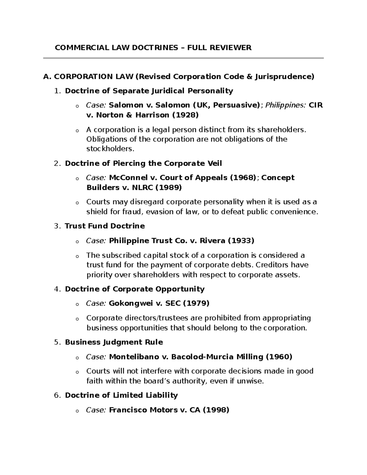 COMMERCIAL LAW DOCTRINES REVIEWER (CT) - FULL SUMMARY - Studocu