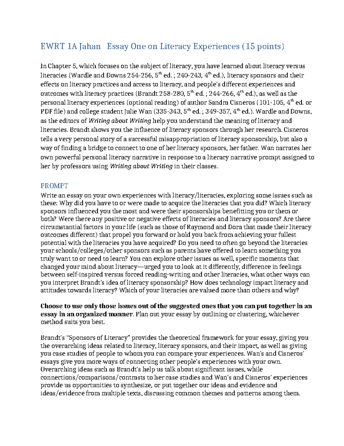 EWRT 1A Essay One: Exploring Personal Literacy Experiences and Sponsors ...