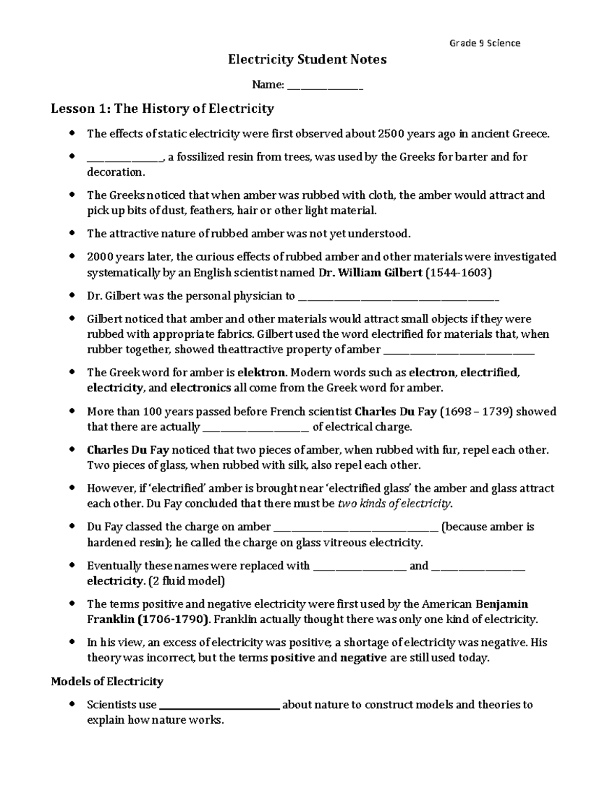 Electricity - Student's Notes - Electricity Student Notes Name ...