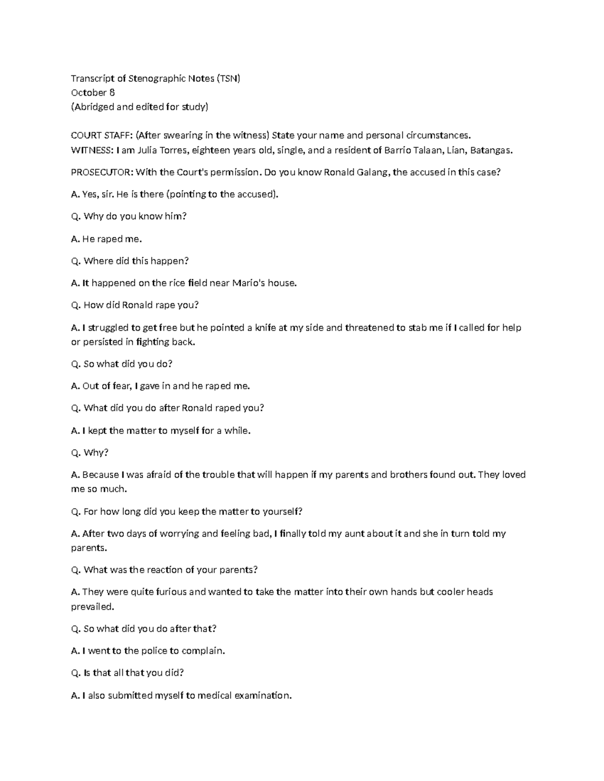 TSN: Transcript of Stenographic Notes from Court Testimonies (Oct 8, 16 ...