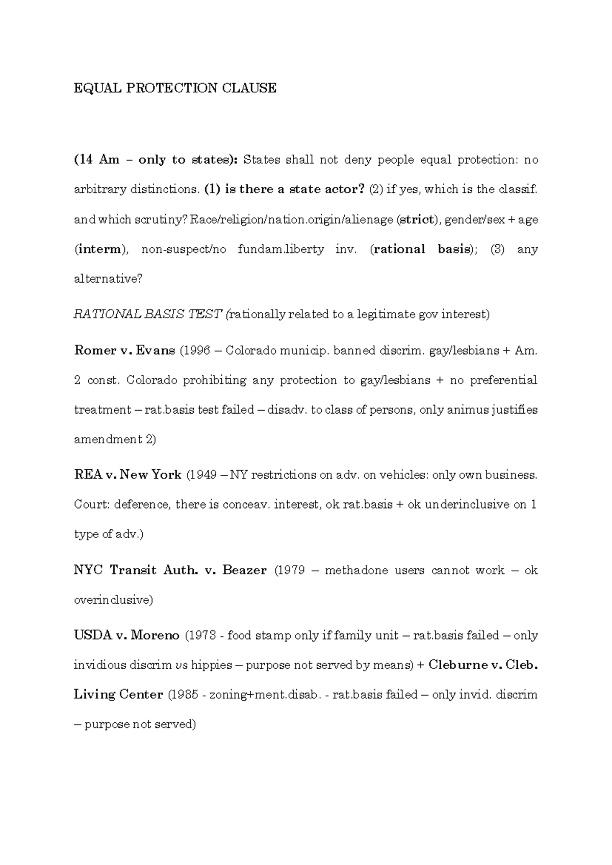CON LAW Equal Protection Clause Overview with Case Summaries - Studocu