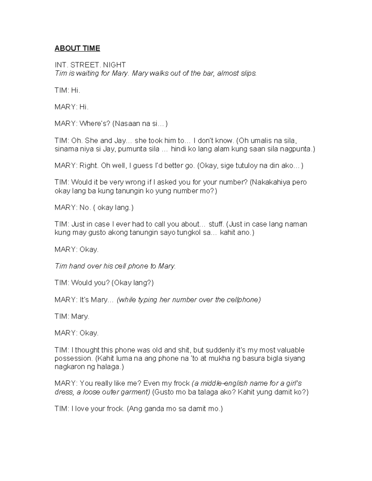 About TIME: A Dialogue Scene Between Tim and Mary - Studocu