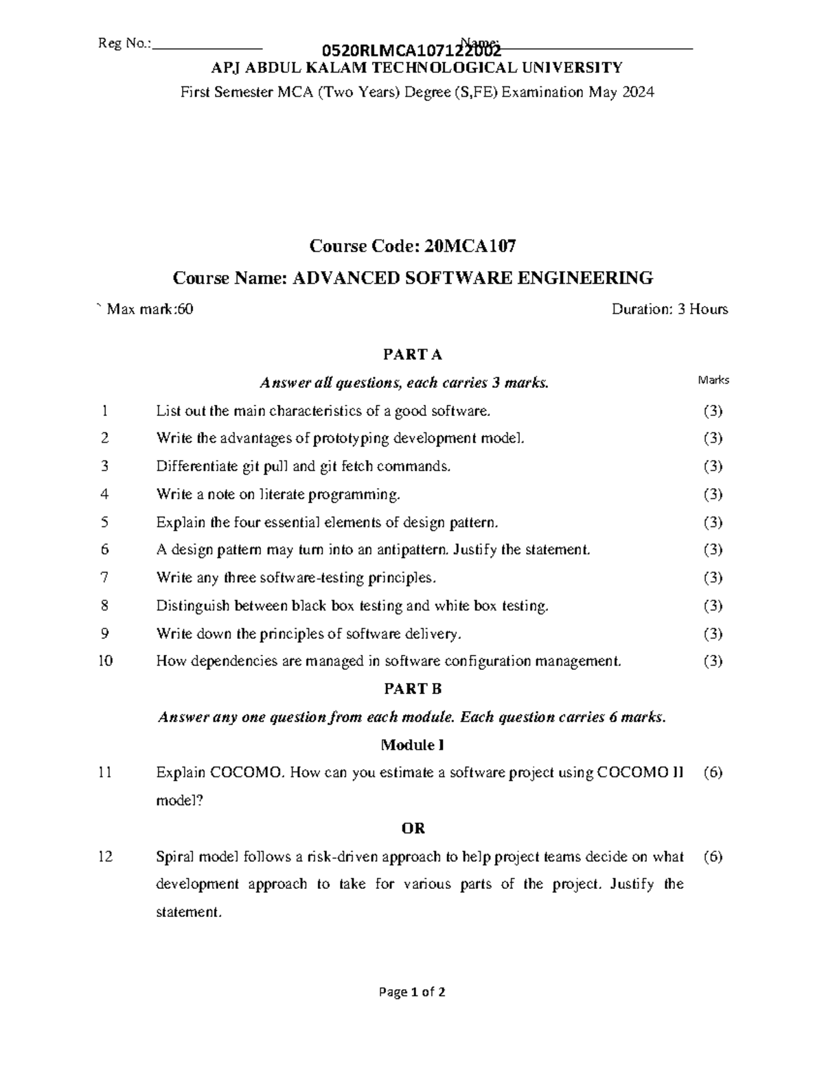 20MCA107 - Advanced Software Engineering Exam QP - May 2024 - Studocu