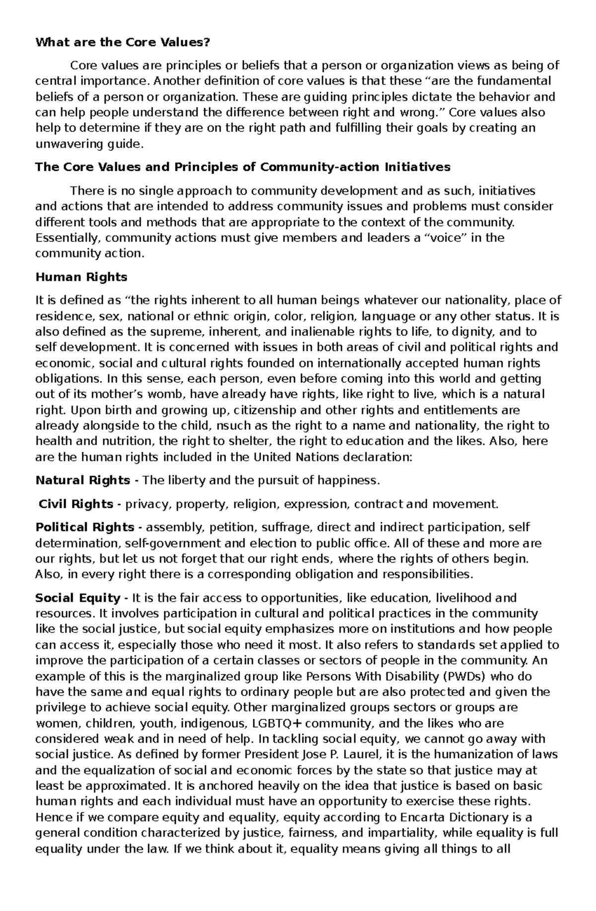 Core Values and Human Rights: Understanding Principles and Equity (Obj ...