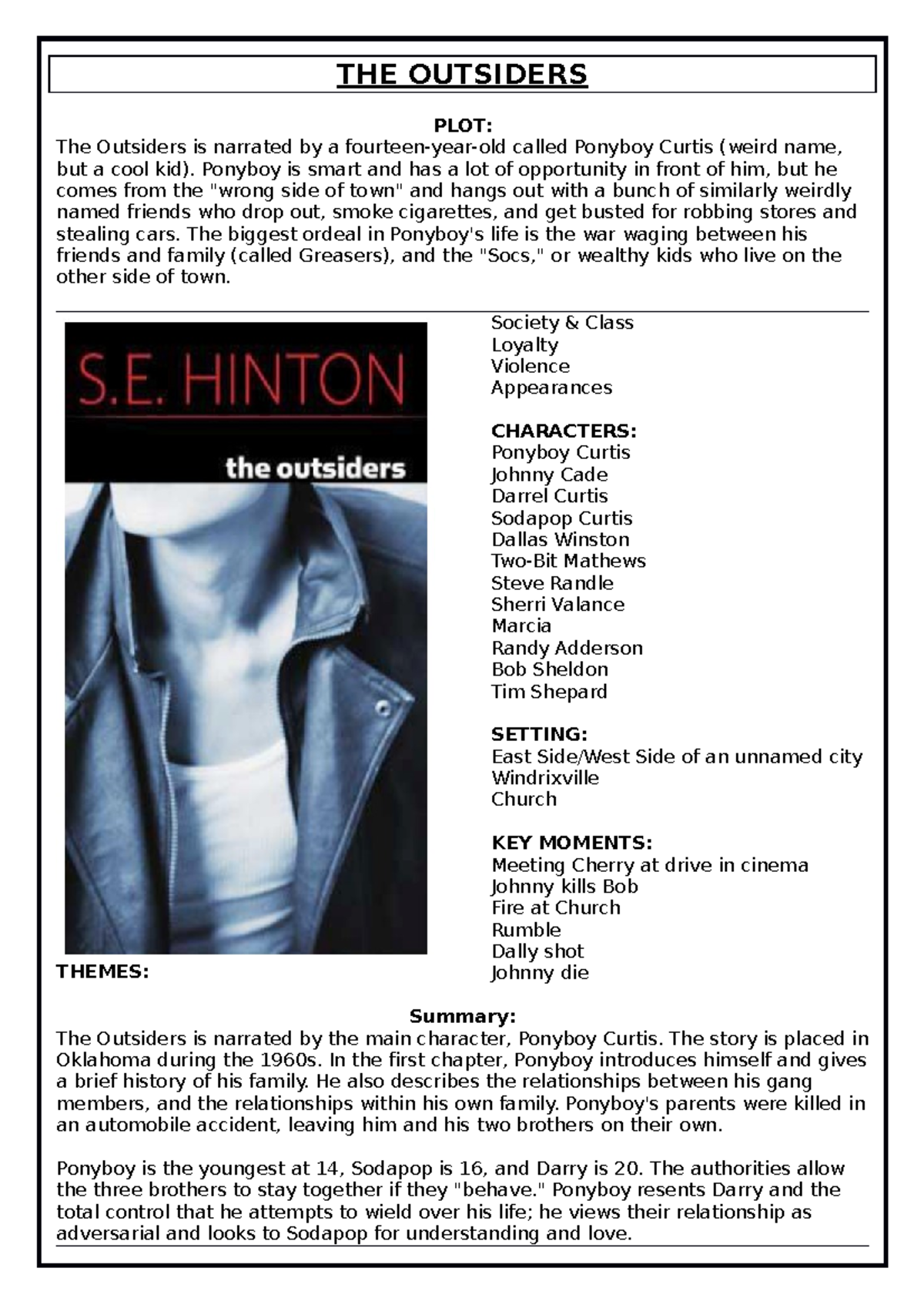 The Outsiders (ENG 101): Summary, Themes, and Character Analysis - Studocu