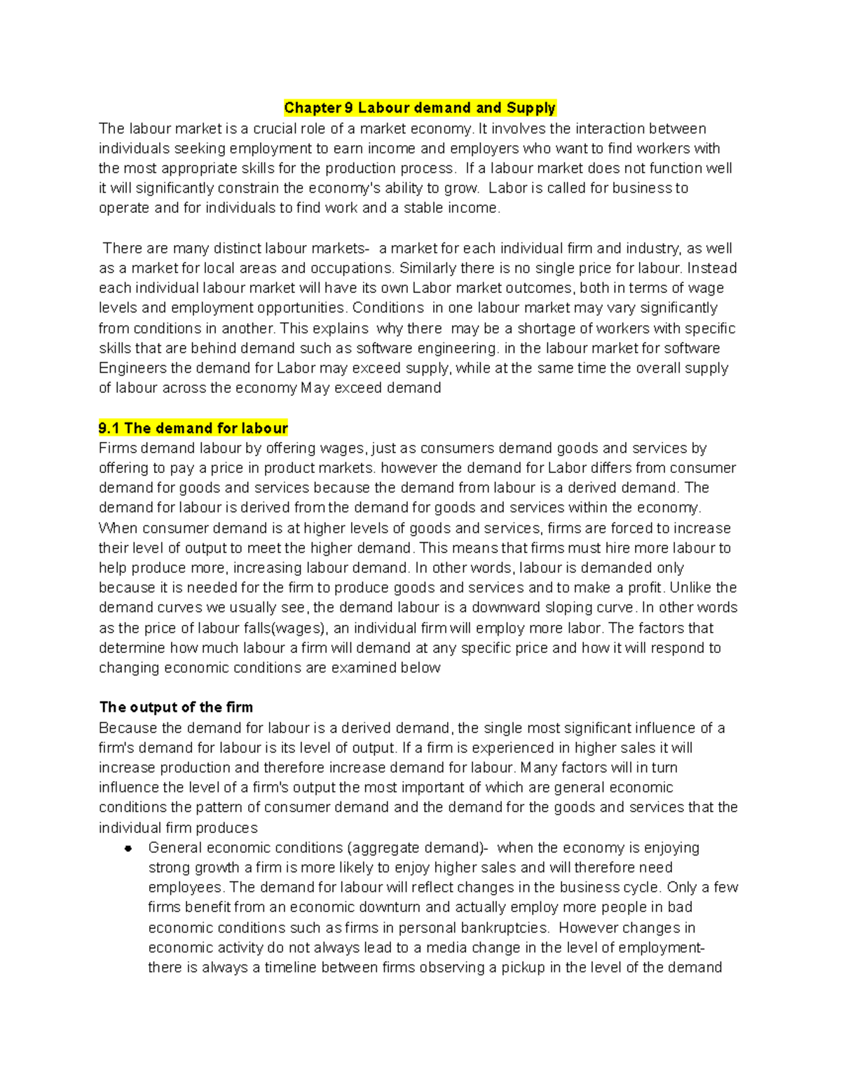 Chapter 9: Labour Demand and Supply Analysis (ECO101) - Studocu