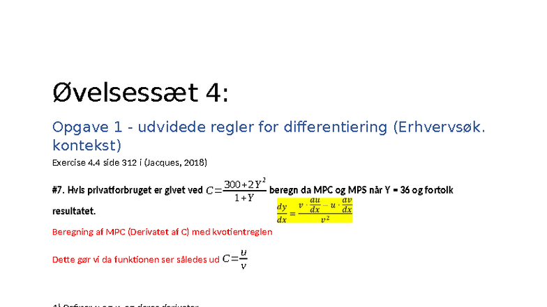Øvelsessæt 4: Opgaver i Differentiering (Erhvervsøk. kontekst) - Studocu