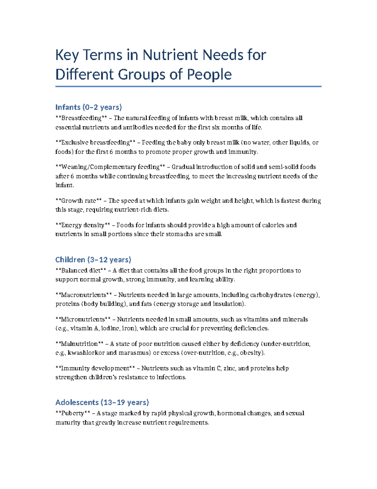 Nutrient Needs Key Terms for Different Age Groups (Infants to Adults ...