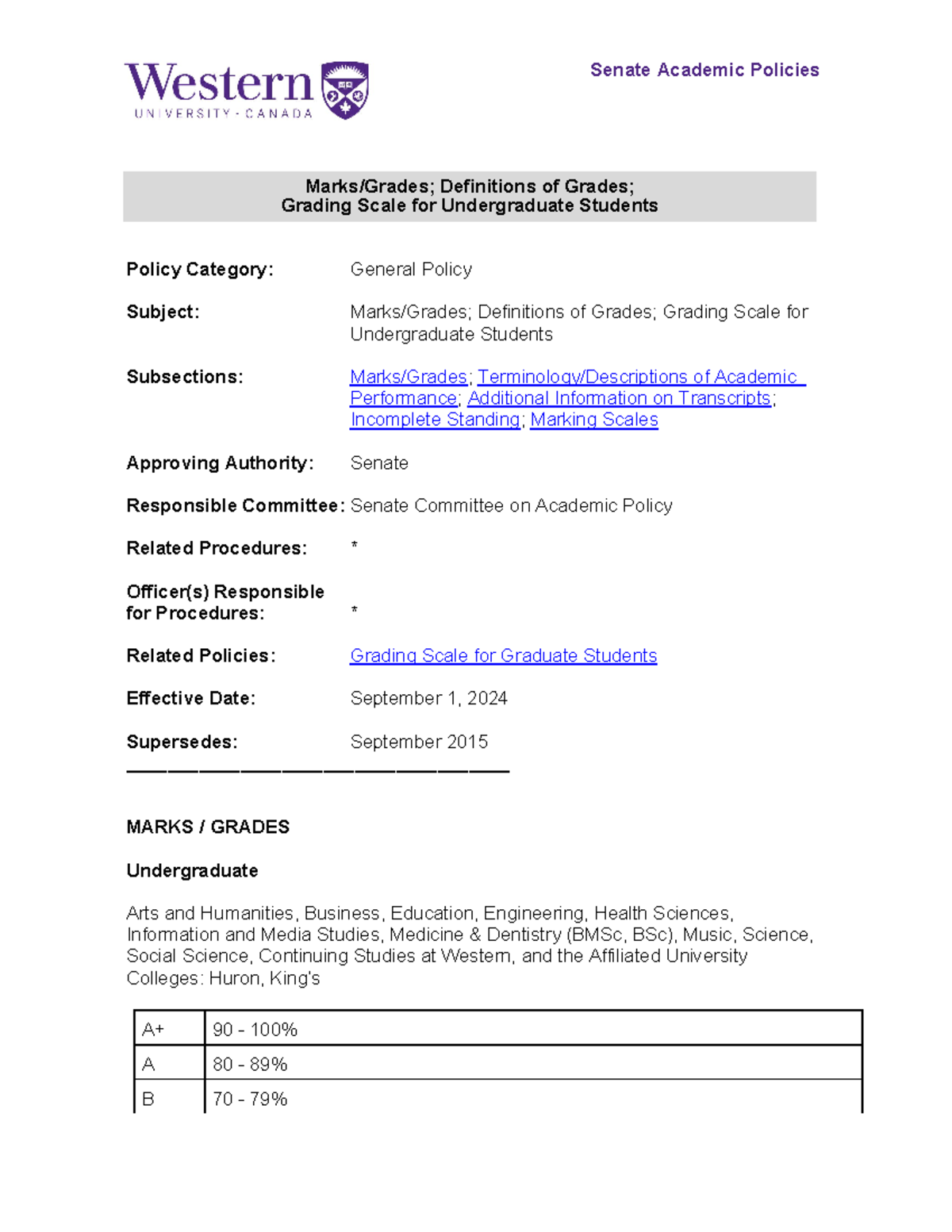UG Academic Policies: Grading Scale & Definitions for Grades - Studocu