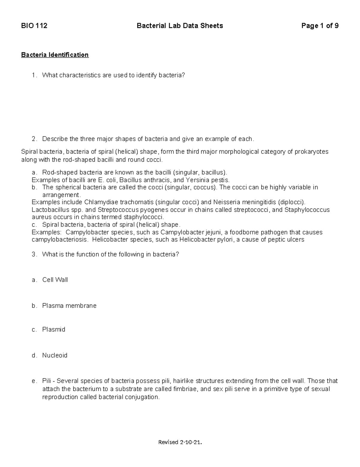 Bacteria LAB Data Sheet ANS - Bacteria Identification 1. What ...