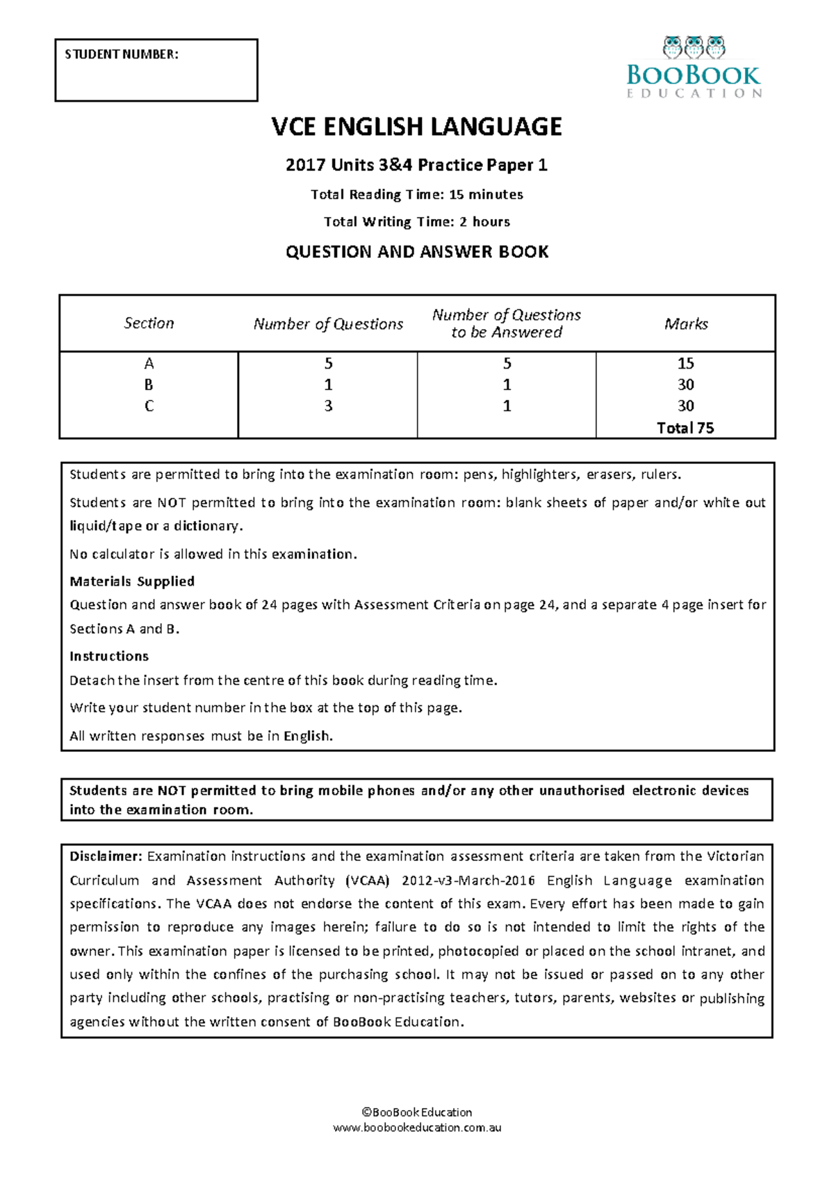 2017 Boo Book practice exam 1 - ©BooBook Education VCE ENGLISH LANGUAGE ...