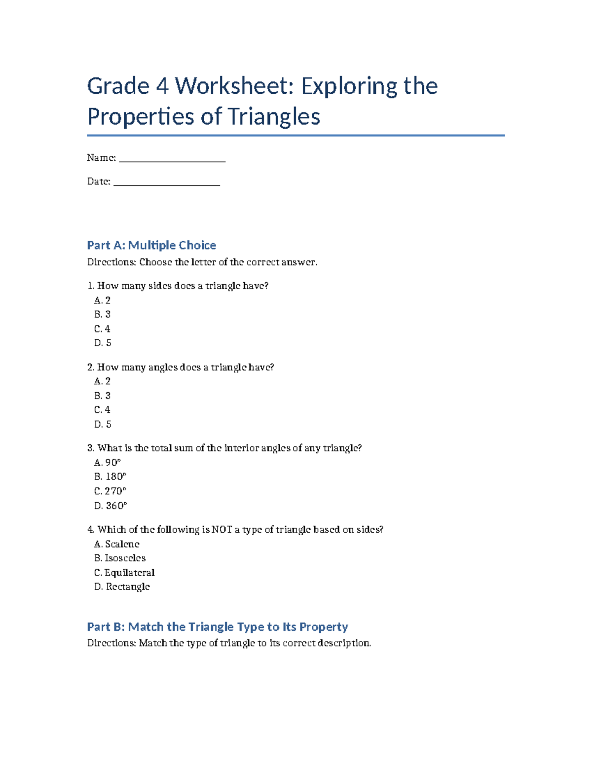 Grade 4 Worksheet: Properties of Triangles Exploration - Studocu