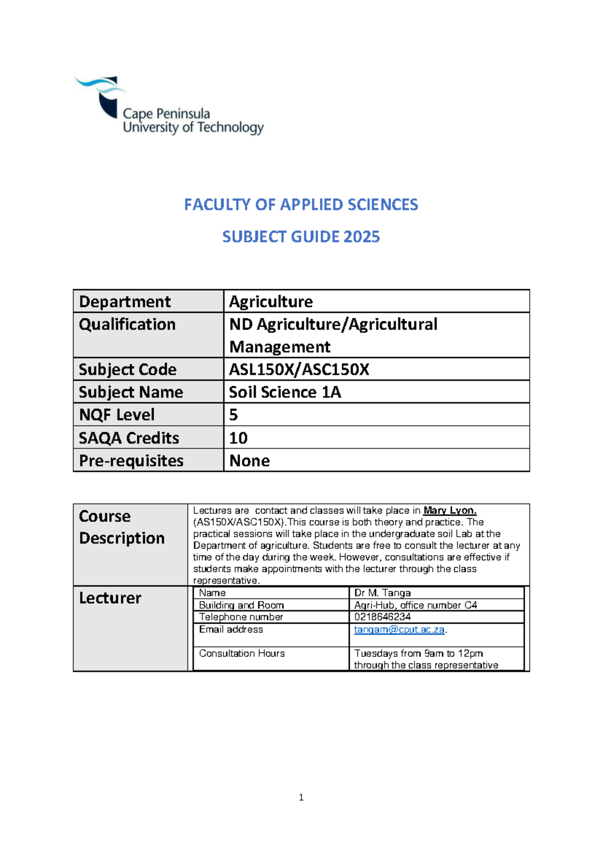 Asl150x subject guide for soil science 1a - faculty of applied sciences ...