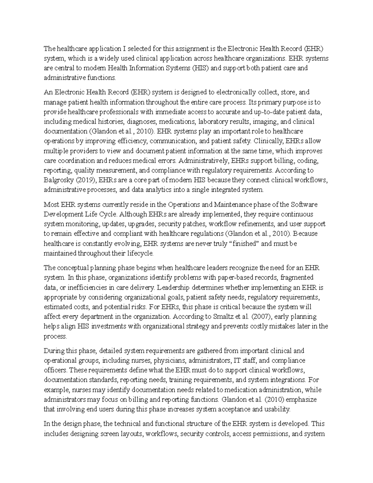 SDLC Cycle for EHR Systems in Healthcare Management - Assignment - Studocu