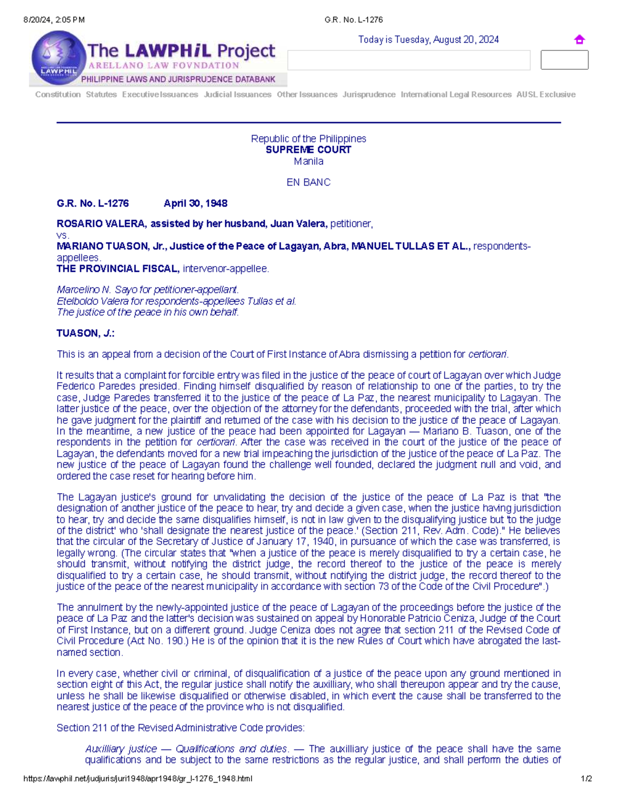 Valera v. Tuason: Supreme Court Case Analysis (G.R. No. 1948) - Studocu