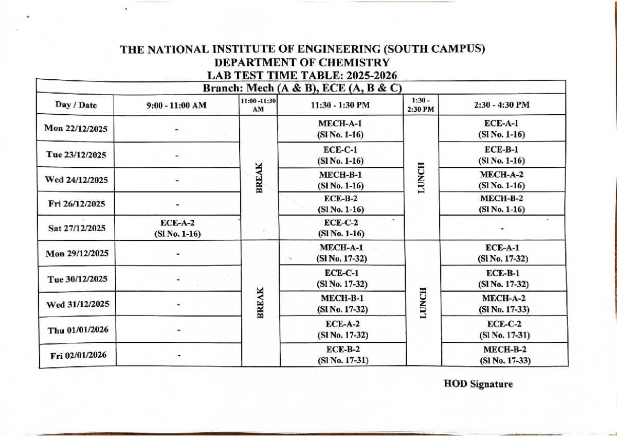 Lab Test Schedule for Odd Sem 2025-26: Chemistry Group (I SEM) - Studocu