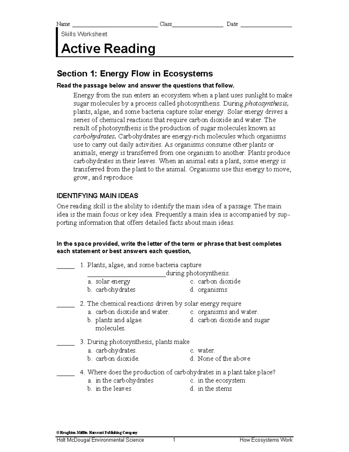 Active Reading Worksheet: Energy Flow in Ecosystems - Holt Env. Sci ...