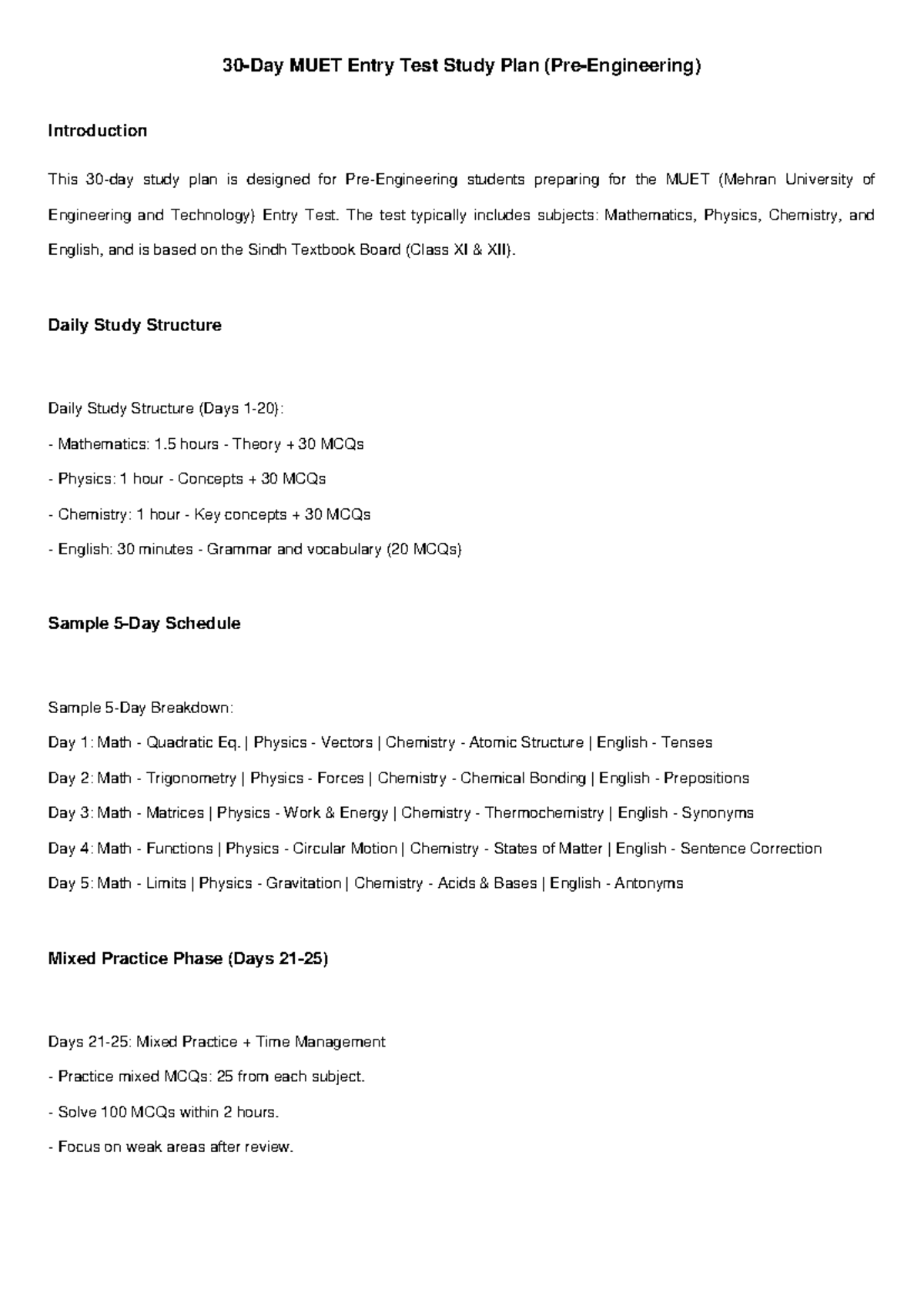 MUET Entry Test 30-Day Study Plan for Pre-Engineering Students - Studocu