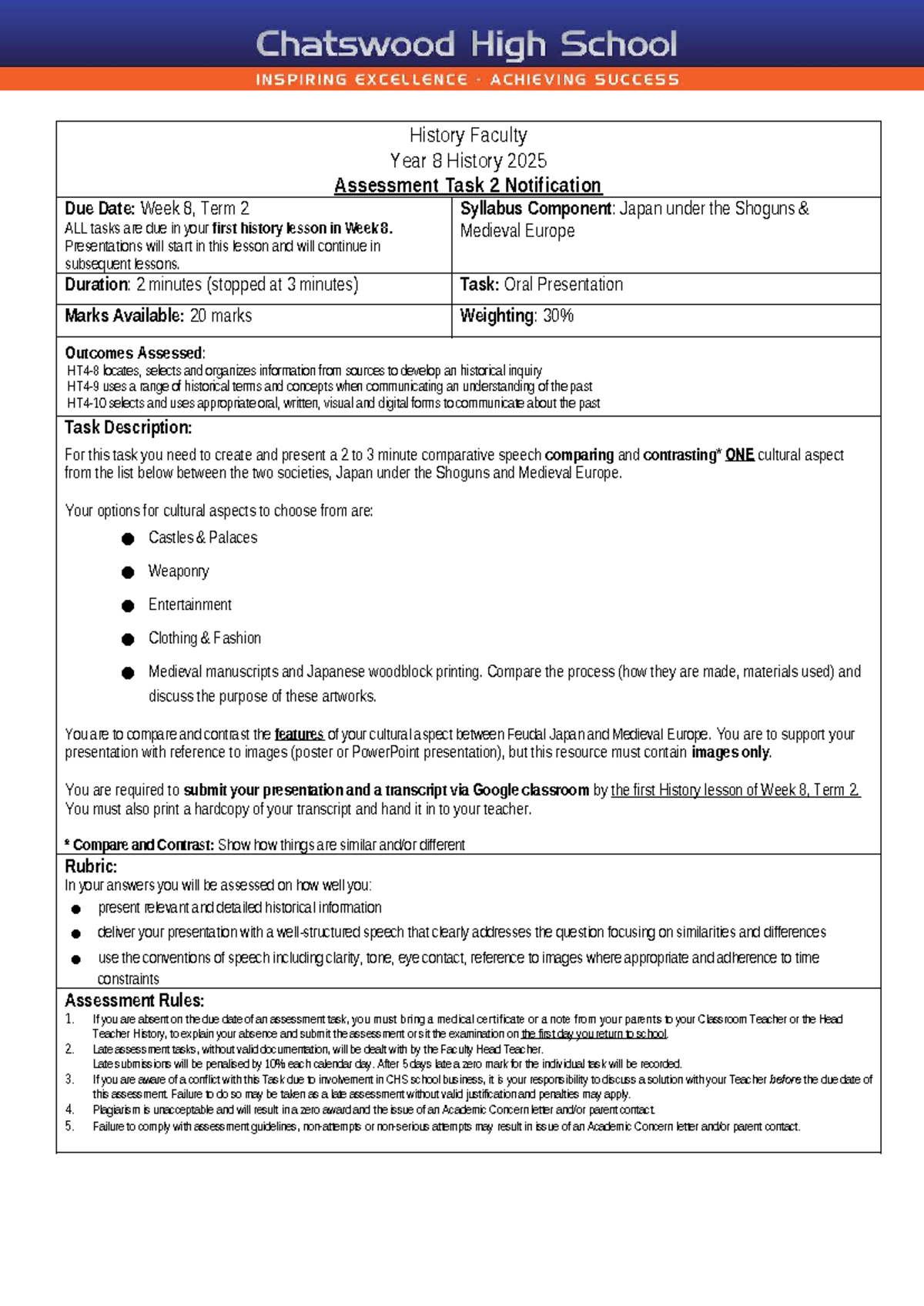 Year 8 History 2025 Assessment Task 2: Oral Presentation on Japan ...