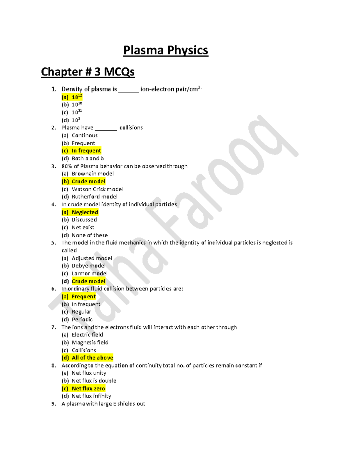 Plasma Physics chapter 3 mcqs - Plasma Physics Chapter # 3 MCQs 1 ...