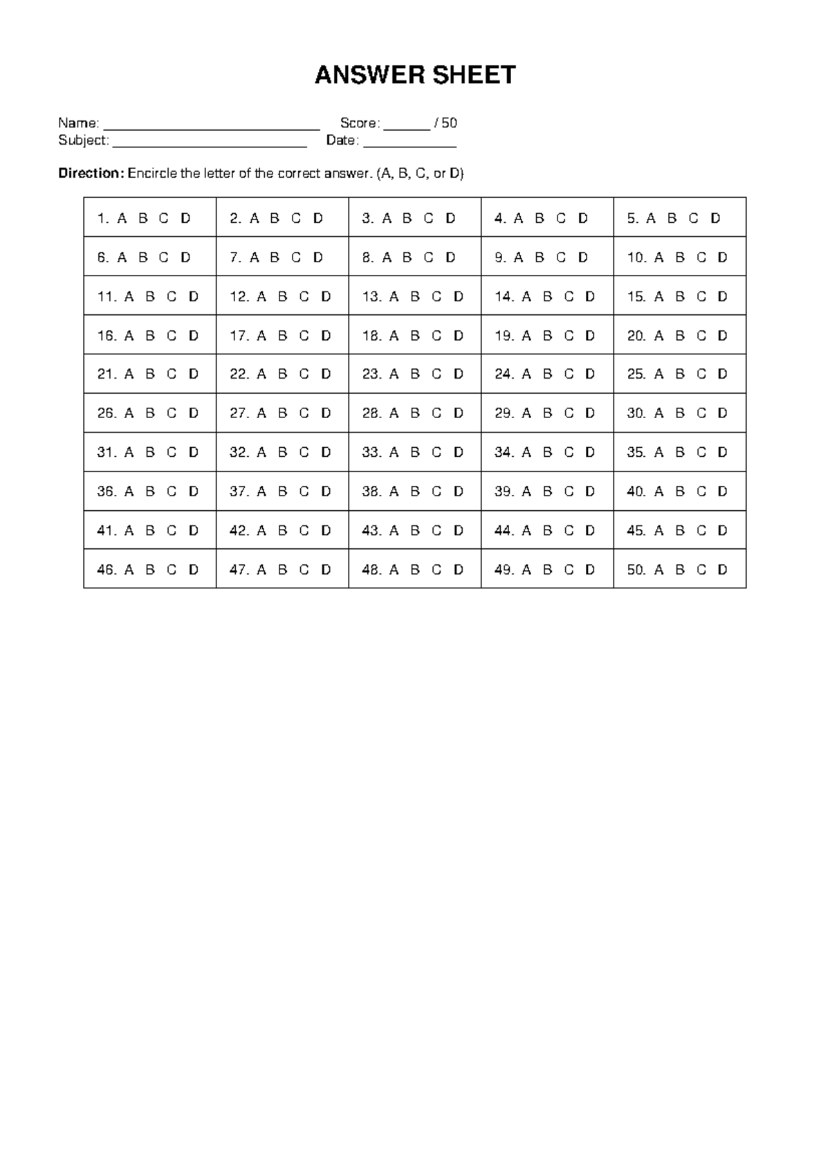 ANSWER SHEET: Free Circle ABCD Responses (1-50) - Studocu
