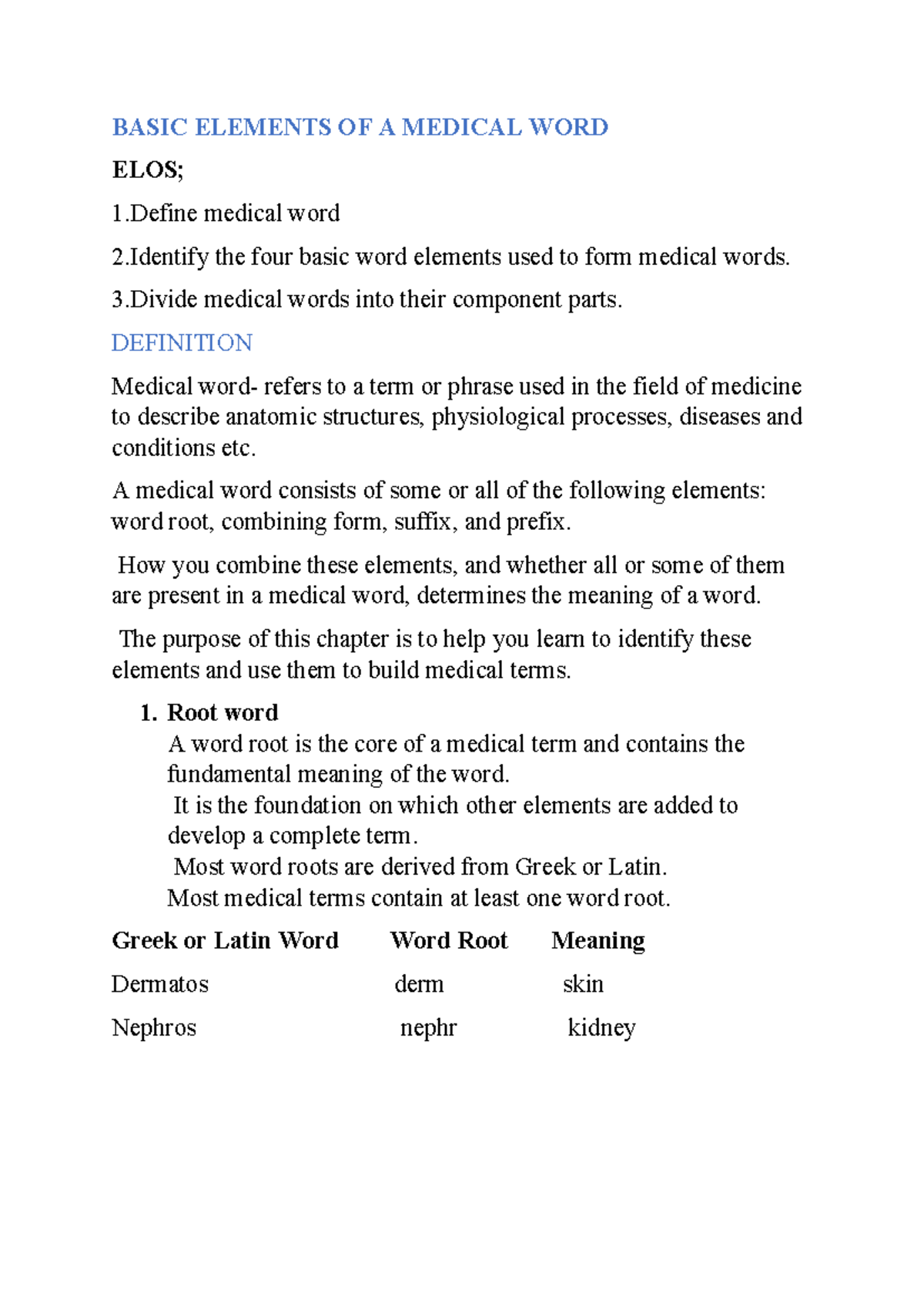 BASIC ELEMENTS OF MEDICAL WORDS: ROOTS, PREFIXES & SUFFIXES - Studocu