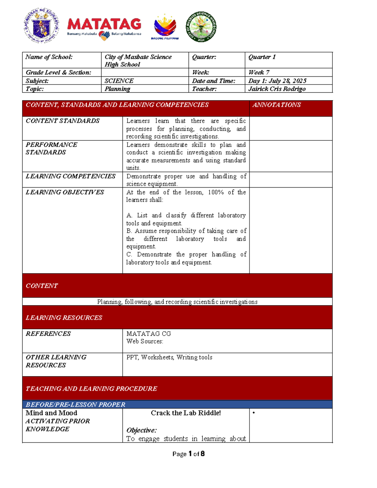 LP - Lesson Plan on Laboratory Tools and Equipment for Science Class ...
