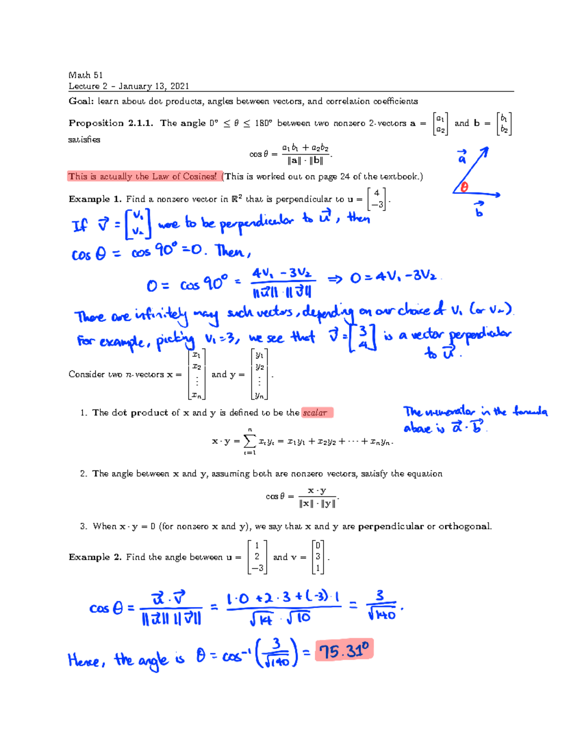 Math 51 Lecture 2: Dot Products & Correlation Coefficients - Studocu