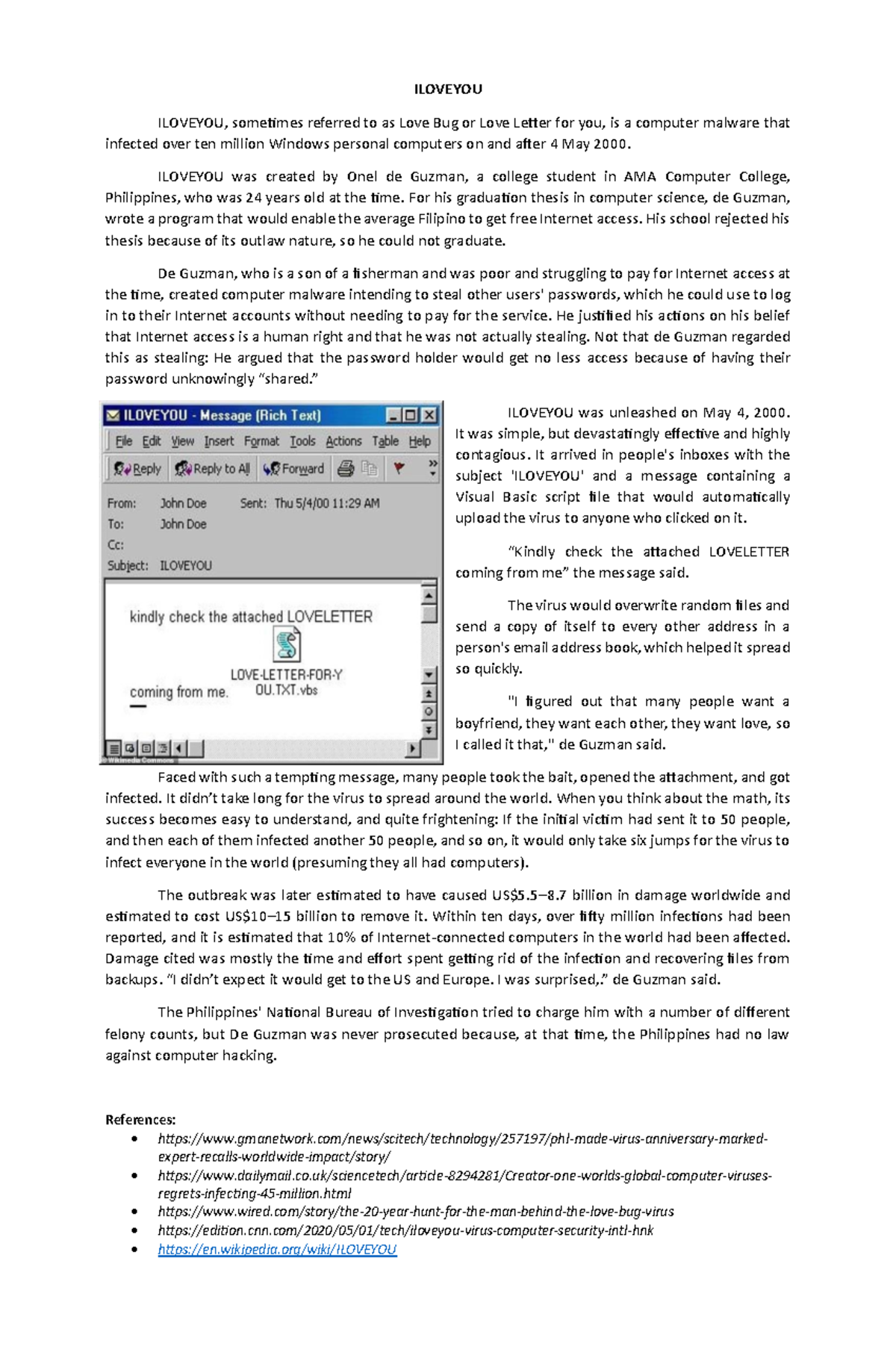 ILOVEYOU Malware: The Love Bug's Impact on IT Security - Studocu