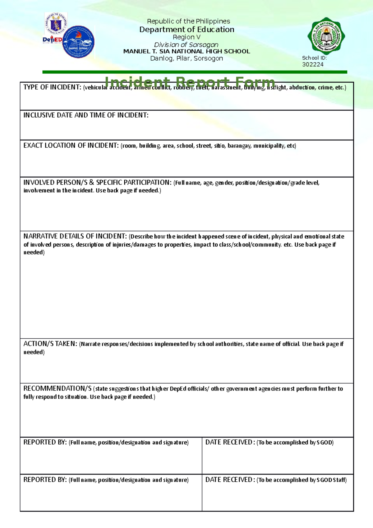 Incident Report - English Subject (Type and Details) - Studocu